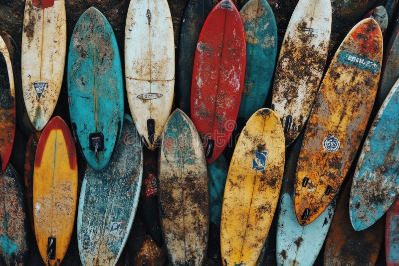 Collection of Vintage Surfboards Displayed Against a Wall in a Coastal ...
