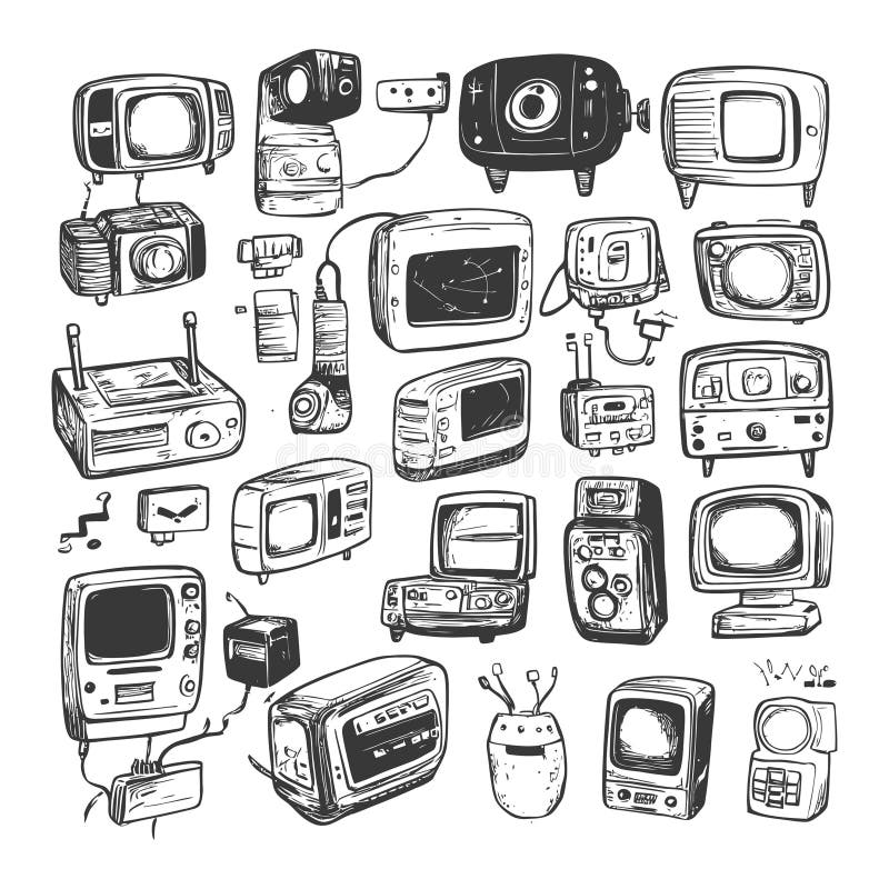 Collection of Vintage Electronic Devices, Hand-Drawn Sketch. Stock ...