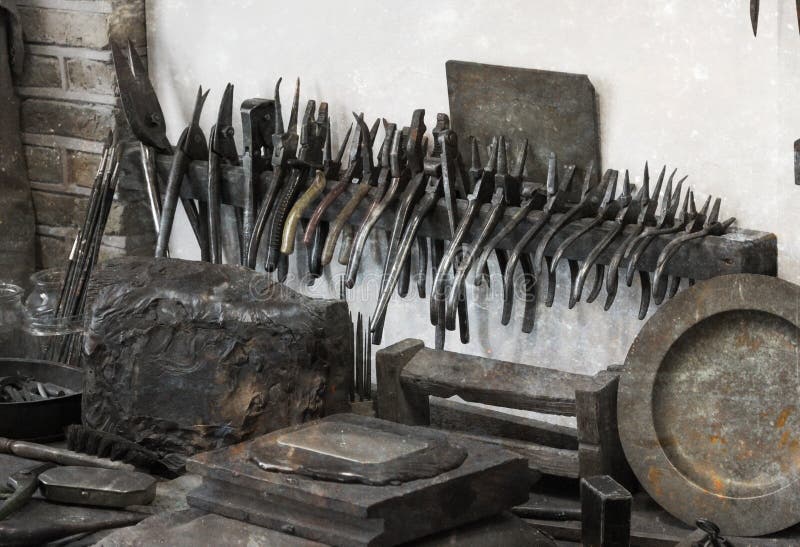 Collection of Vintage Woodworking Tools on a Rough Workbench Stock ...