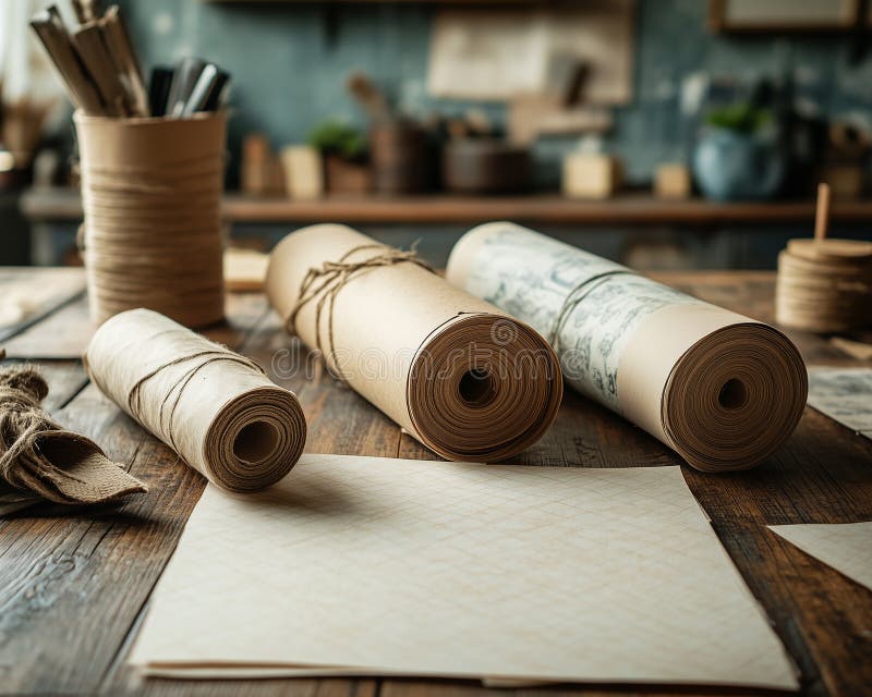 A Collection of Vintage Writing Tools and Paper, Including Rolled-up ...