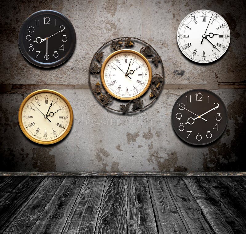 Empty Frames and Watch on Wooden Wall Stock Image - Image of plank ...