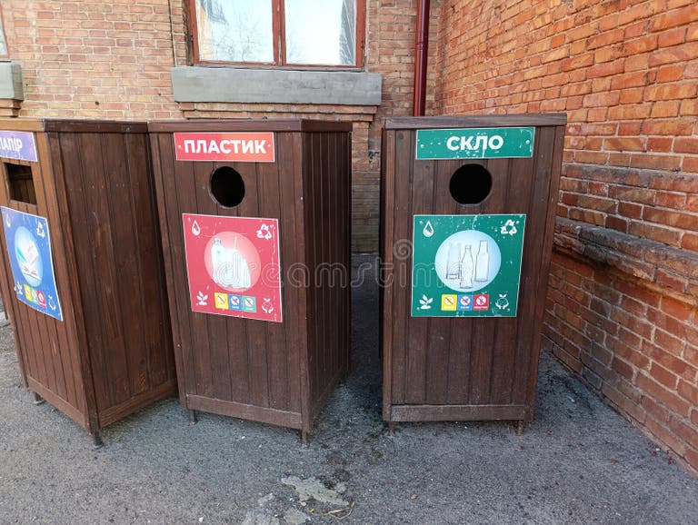 Collection of Waste Bins Full of Different Types of Garbage, Recycling ...