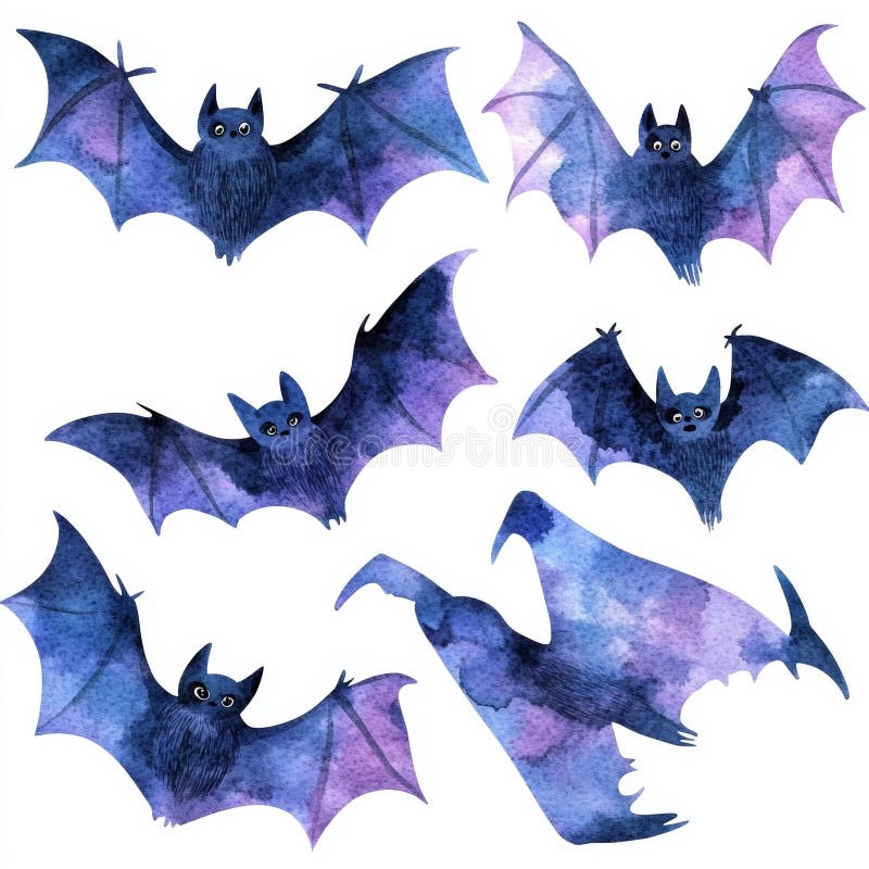 A Collection of Watercolor Bats on a White Background. the Objects are ...