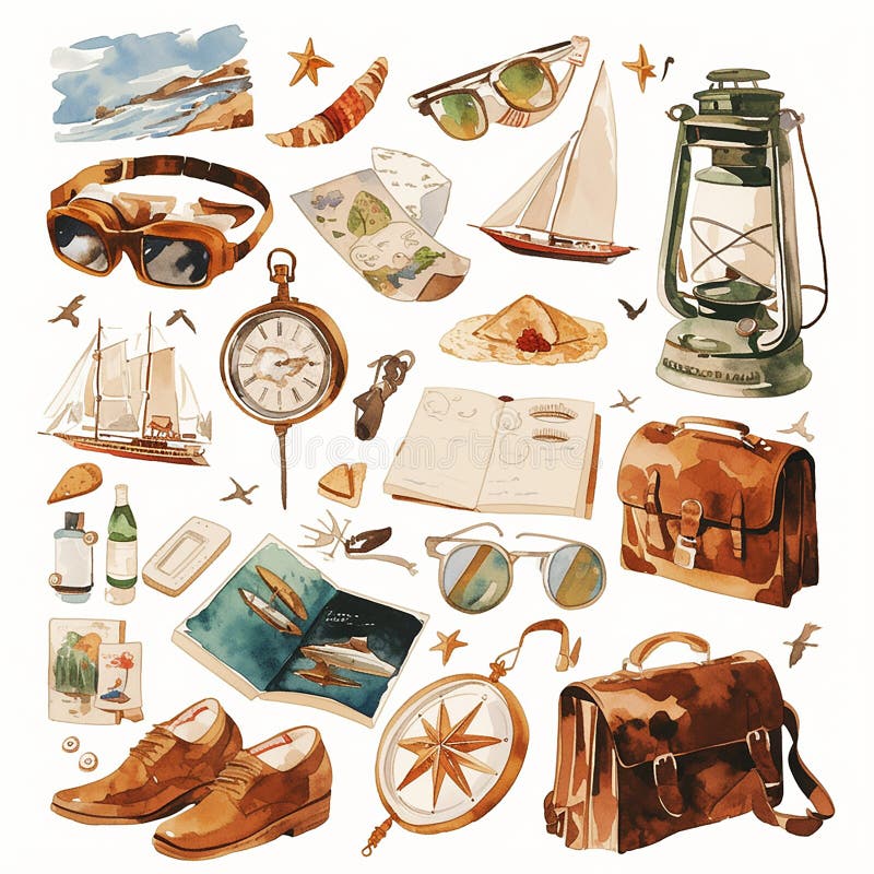 A Collection of Watercolor Illustrations of Various Travel-related ...