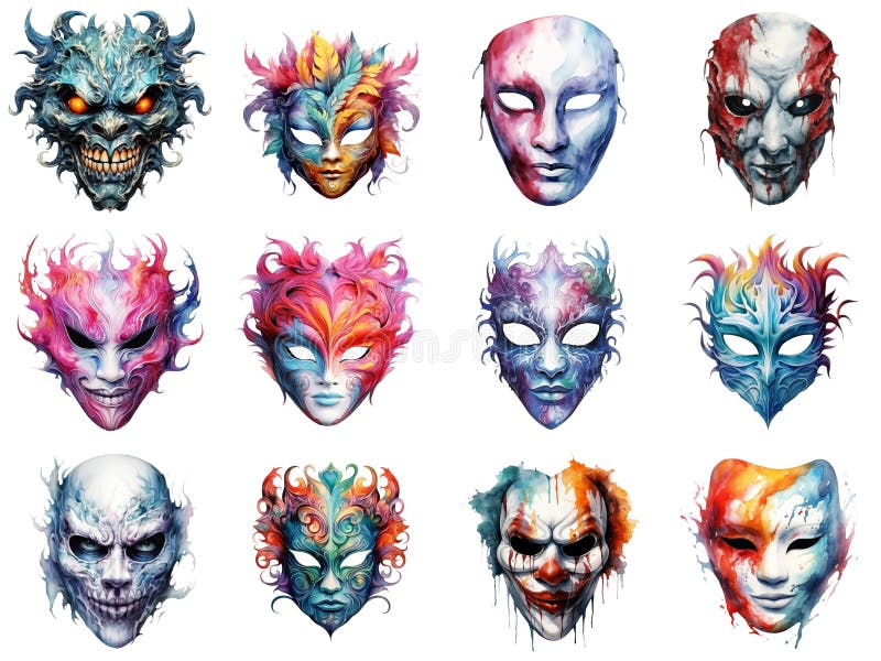 Collection of Watercolor Masks with Varying Expressions and Styles ...