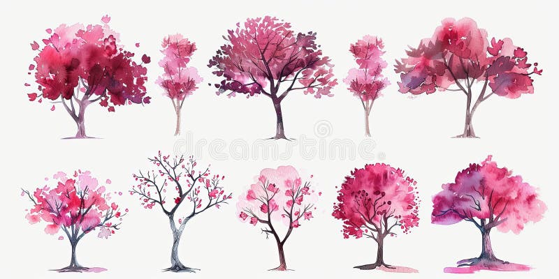 Collection of Watercolor Plum Trees on White Backdrop. Assortment of ...