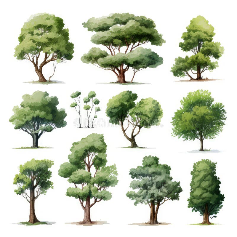 Collection of Watercolor Tree Illustrations on a White Background Stock ...