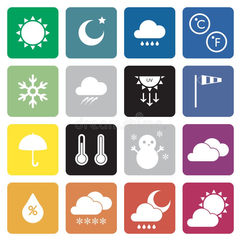 Collection of 16 Weather Sign Icons. Stock Vector - Illustration of ...