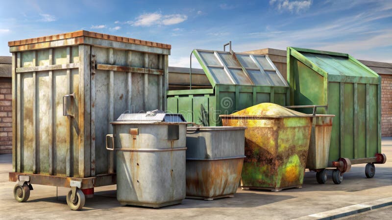 A Collection of Weathered, Rusty Metal Refuse Containers and Dumpsters ...