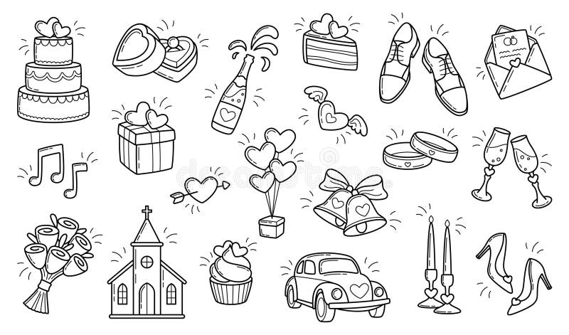Collection of Wedding Items. Simple Linear Hand Drawn Illustrations ...