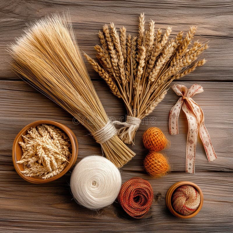 A Collection of Wheat Stalks, Grains, and Decorative Spools of Thread ...