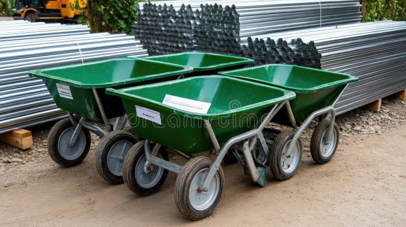 A Collection of Wheelbarrows in Bright Colors is Arranged Neatly on the ...