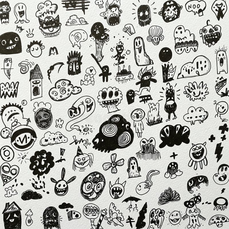 A Collection of Whimsical Black and White Doodles Features Various ...