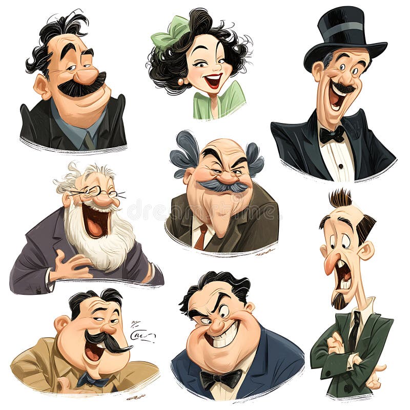 Collection of Whimsical Character Caricatures Diverse Happy Expressions ...