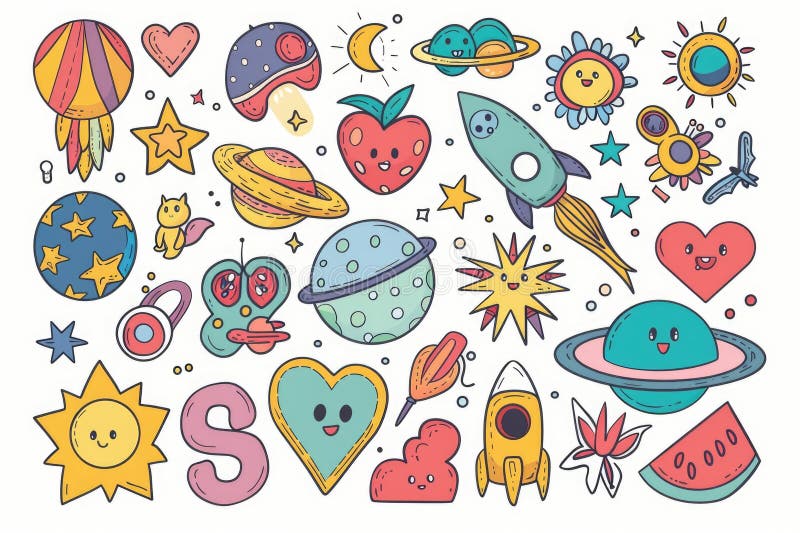 A Collection of Whimsical Drawings Featuring Stars, Planets, and Other ...