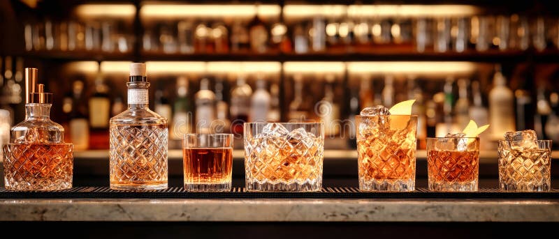 A Collection of Whiskey and Rum Drinks Served on a Bar Counter ...