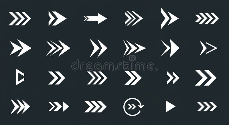 A Collection of 24 White Arrow Icons of Various Designs on a Black ...