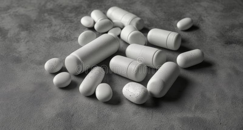 A Collection of White Capsules Scattered on a Gray Surface Stock ...