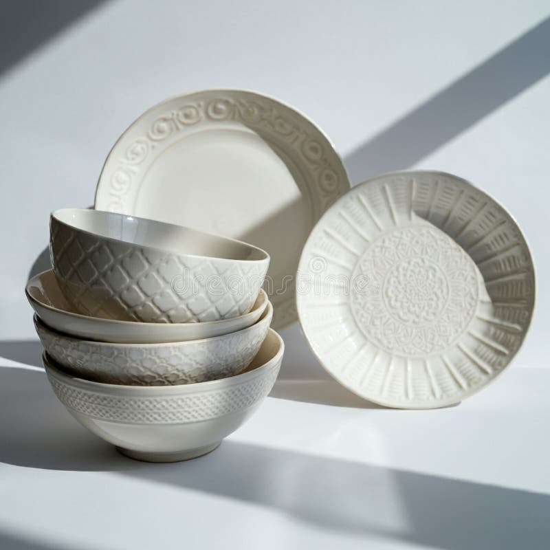 A Collection of White Ceramic Bowls and Plates, Each Featuring ...