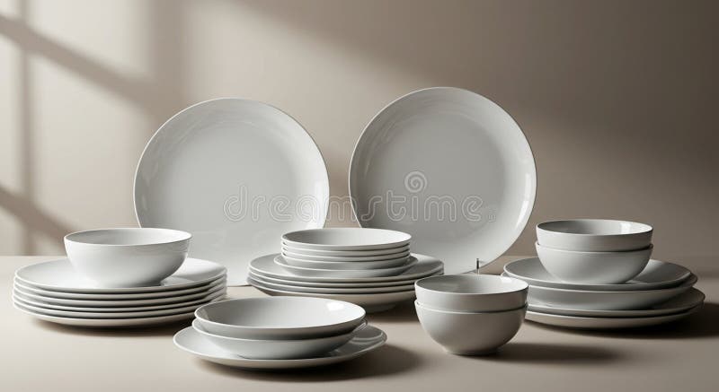 A Collection of White Ceramic Dinnerware is Neatly Arranged Against a ...