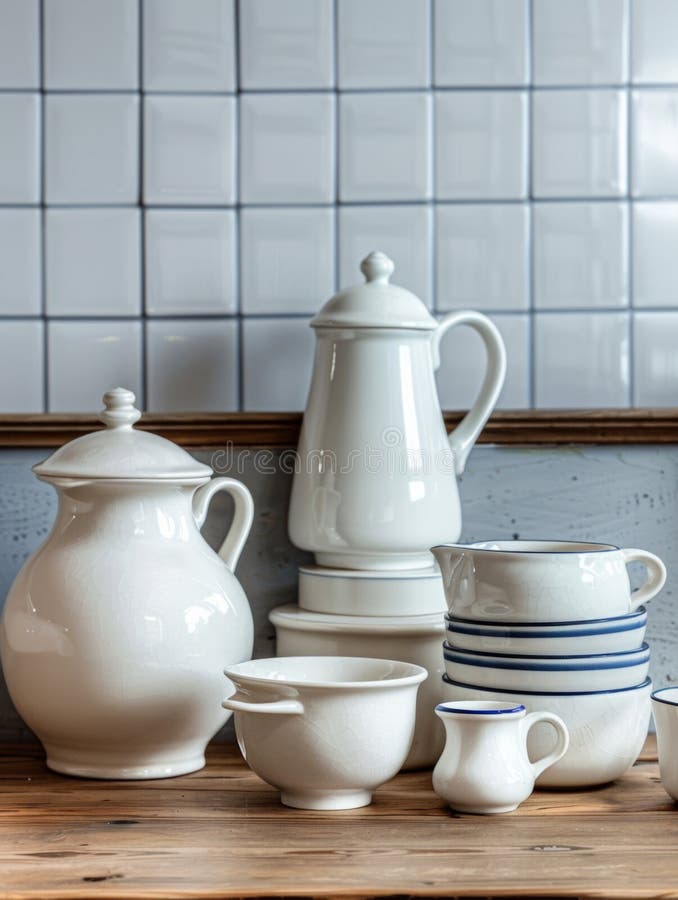 A Collection of White Ceramic Kitchenware, Including Pitchers, Bowls ...