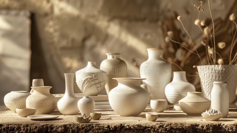 Collection of White Ceramic Pottery on Display Stock Image - Image of ...