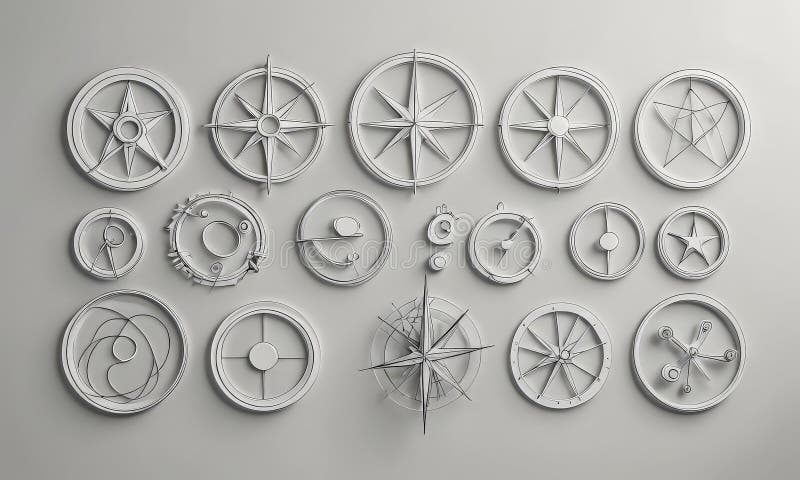 Collection 16 White, Circular Gears and Wheels Arranged in Grid-like ...