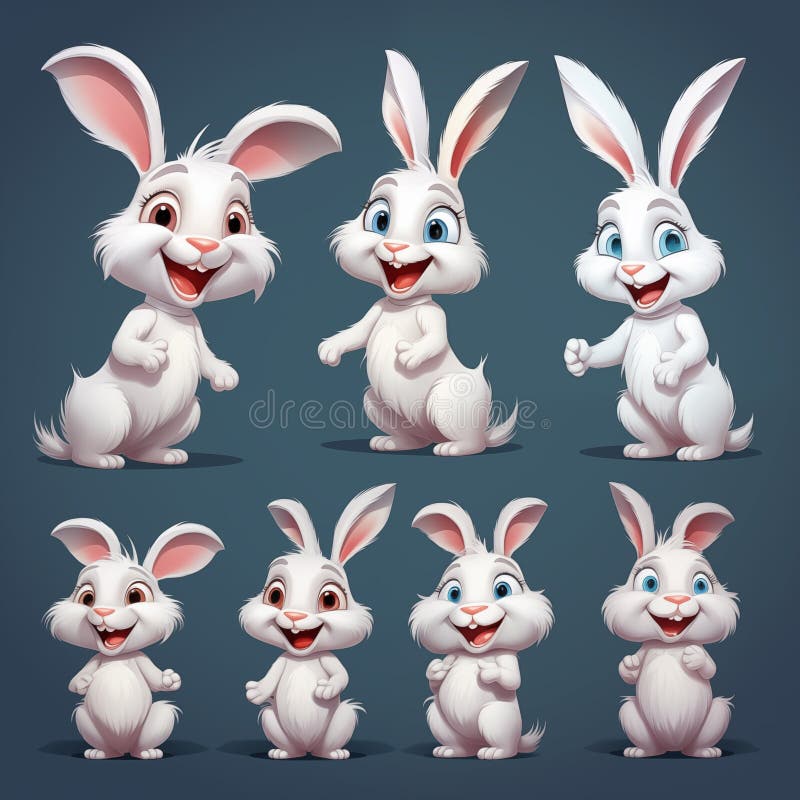 Collection of White Easter Rabbit in Different Poses. Cartoon ...