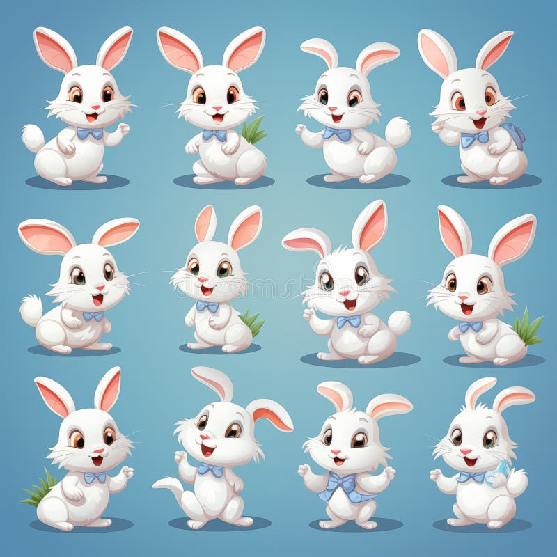 Collection of White Easter Rabbit in Different Poses. Cartoon ...