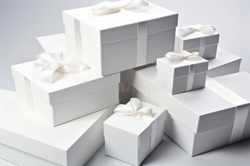 A Collection of White Gift Boxes of Various Sizes, Each Adorned with a ...