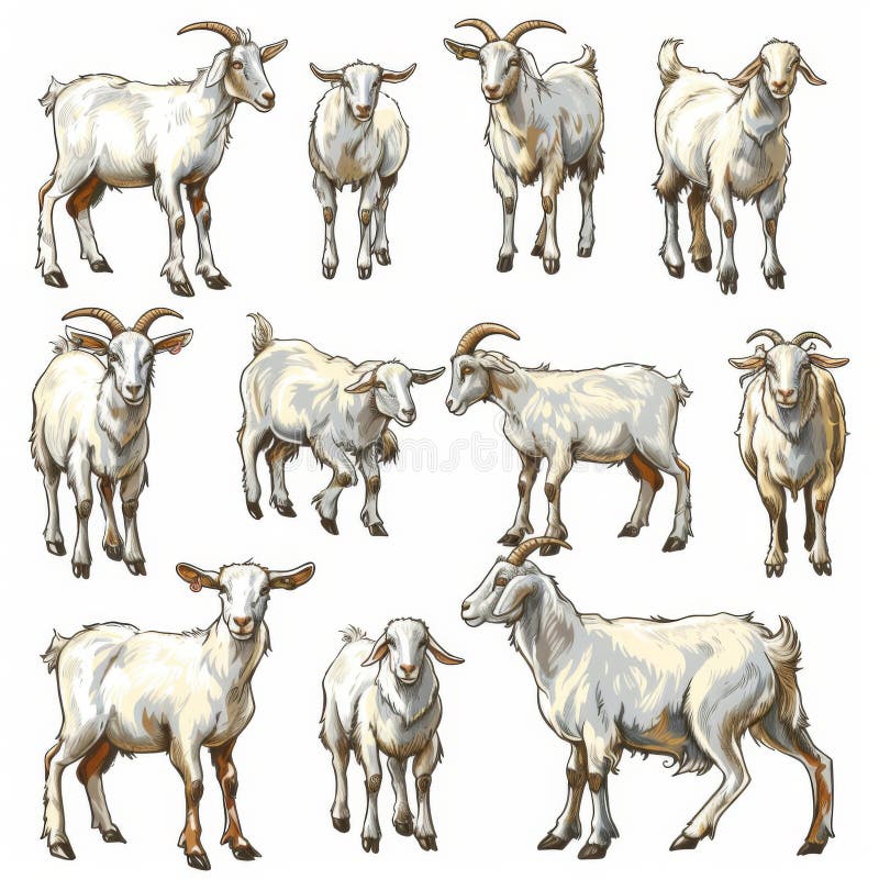 Collection of White Goats Illustrated in Multiple Poses and Expressions ...