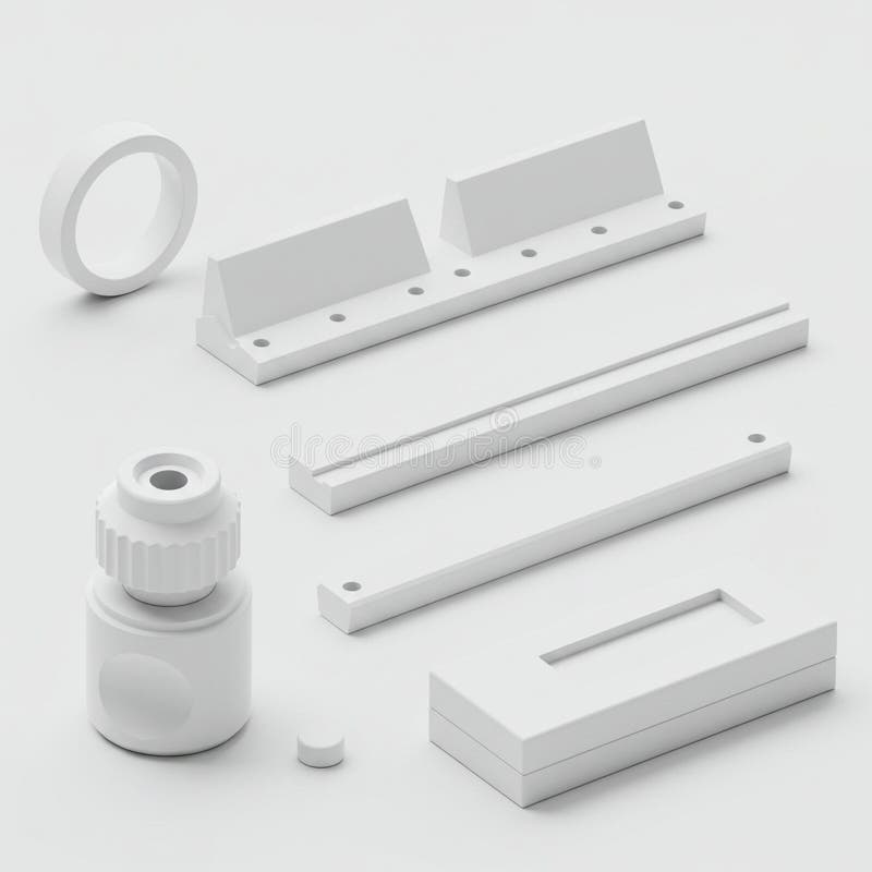 A Collection of White Mechanical Components Arranged Neatly on a Flat ...