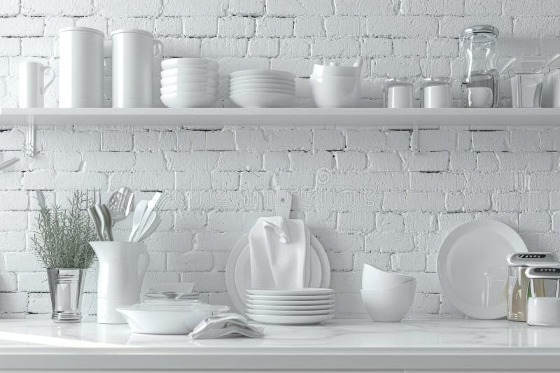 A Collection of White Plates, Bowls, and Cups on a Shelf Stock Photo ...