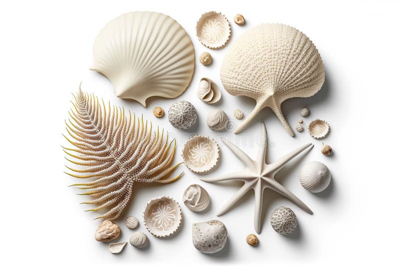 Collection of White Sea Shells and Corals on White. Generative AI Stock ...