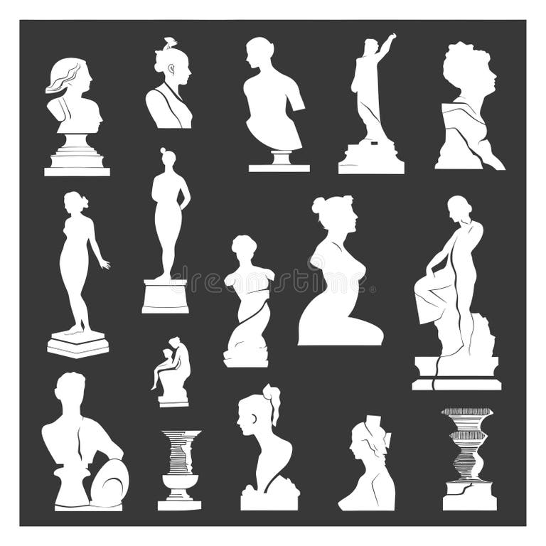 Collection of Elegant White Statues, Sculptures, and Busts on Dark ...