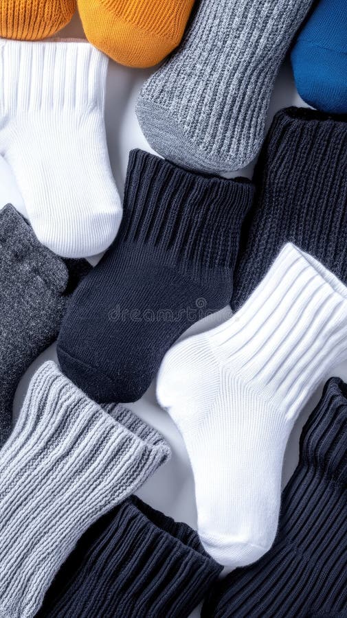 A Collection of White Socks Mixed with Black Stockings is Spread Across ...