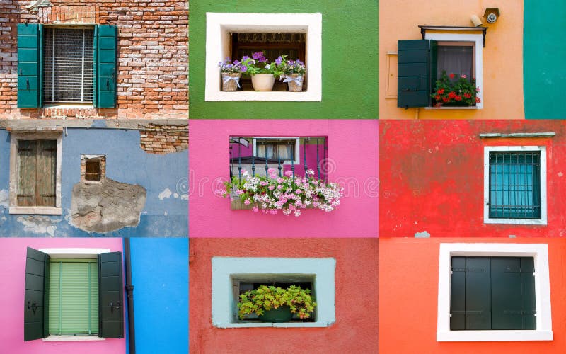 Collection of Windows on Colored Walls Stock Photo - Image of color ...