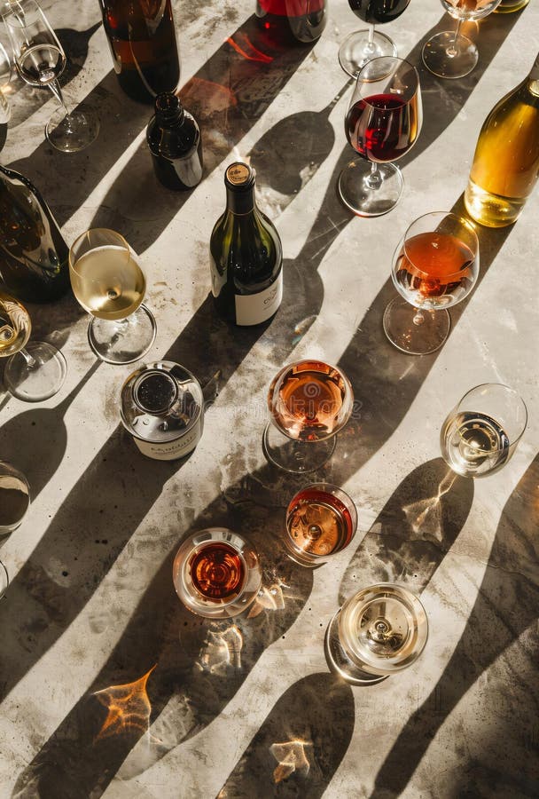 Wine Bottles Glasses Varying Colors are Arranged Concrete Surface Light ...