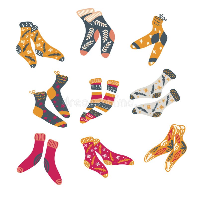 Collection Winter Warm Socks with Different Patterns. Doodle ...