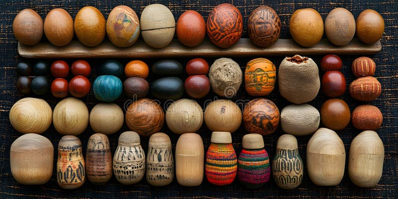 A Collection of Wooden Balls and Egg Shaped Objects Arranged in Rows on ...