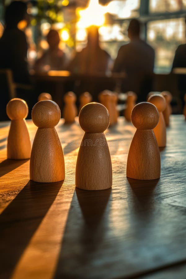 A Collection of Wooden Figures Sitting on a Wooden Tabletop Stock Image ...