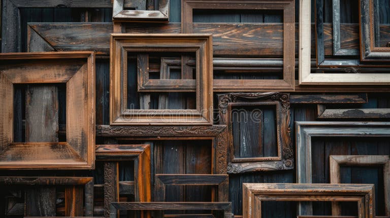 A Collection of Wooden Picture Frames Stacked Vertically Stock Image ...