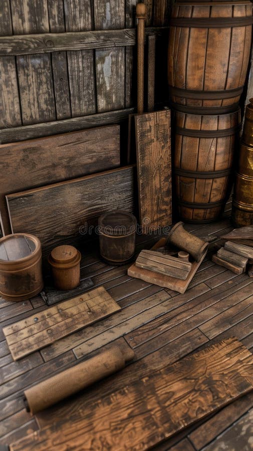 A Collection of Wooden Planks, Barrels, and Tools are Arranged in a ...