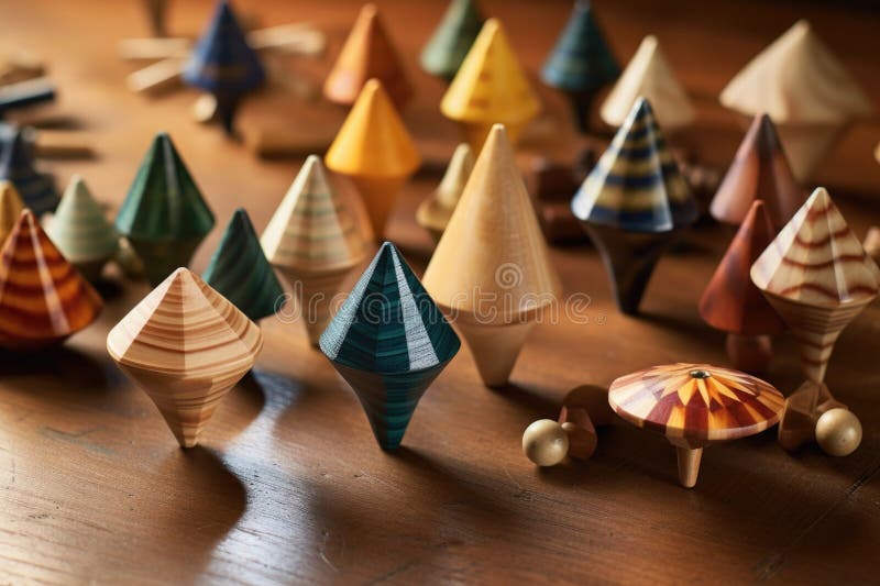 Collection of Wooden Spinning Tops on Wooden Surface Stock Photo ...