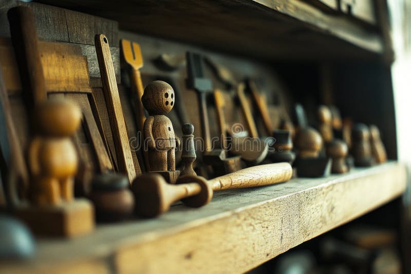 A Collection of Wooden Tools on a Shelf Stock Image - Image of woodwork ...
