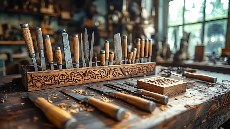 A Collection of Woodworking Tools in a Workshop, Including Chisels ...