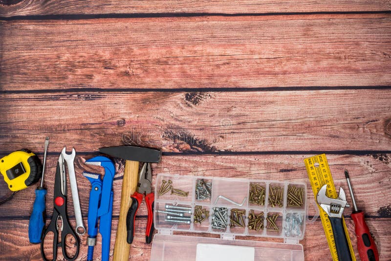 Collection Work Tools on Wooden Desk Stock Image - Image of screws ...