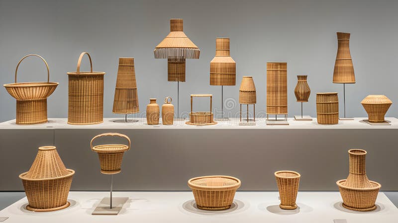 A Collection of Woven Baskets and Decorative Items Displayed in a Gallery Stock Illustration ...