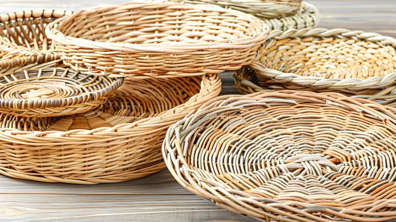 A Collection of Woven Baskets in Various Sizes and Designs on a Wooden ...