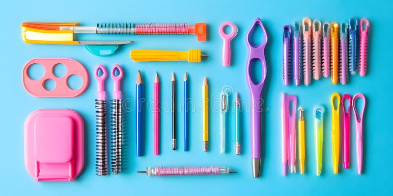 Collection of Writing and Drawing Tools on Blue Background Stock ...